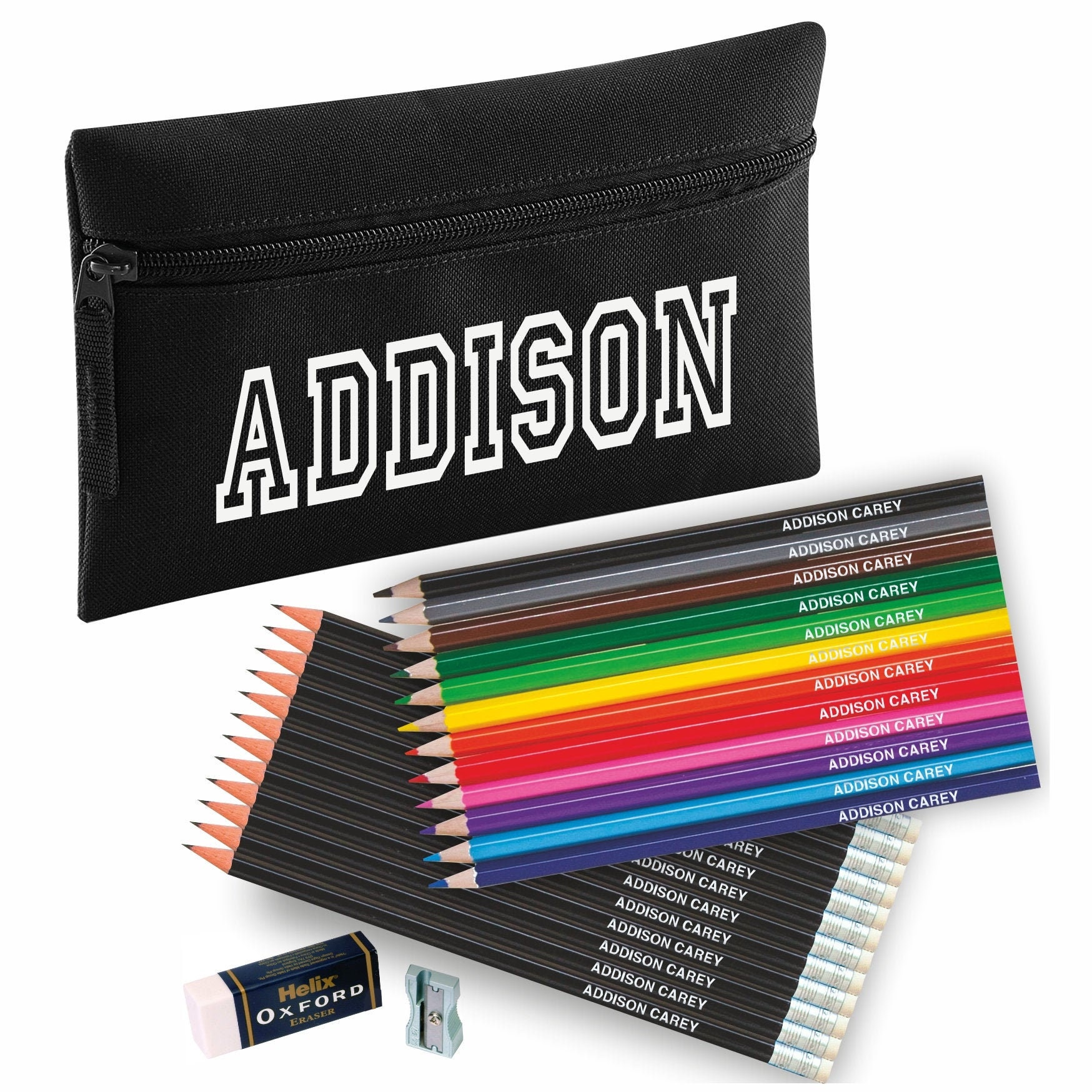 Personalized Zip Pencil Case With 12 Colouring and 12 Eraser Tipped ...