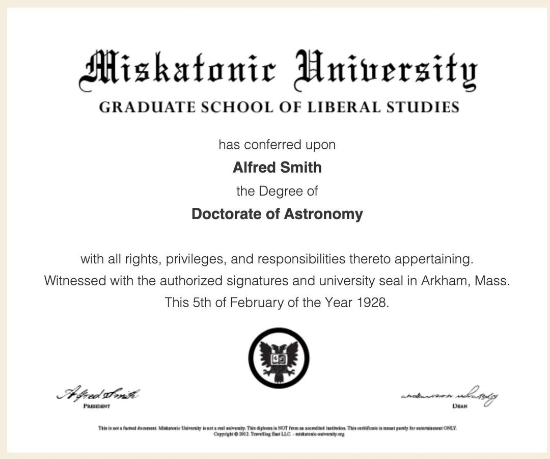 Personalized Miskatonic University Alumni Listing on H.P. Lovecraft ...