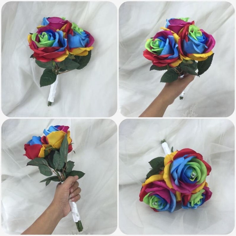 Silk Rainbow Roses artificial flowers Wedding Bouquet | Etsy