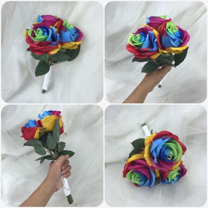 Silk Rainbow Roses artificial flowers Wedding Bouquet | Etsy