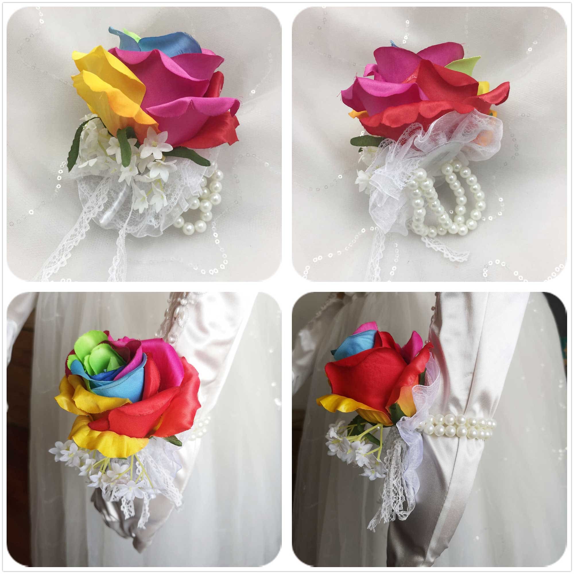 Silk Rainbow Roses artificial flowers Wedding Bouquet | Etsy