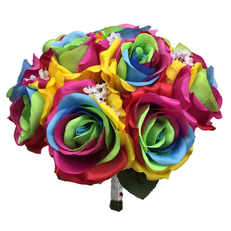 Silk Rainbow Roses artificial flowers Wedding Bouquet | Etsy