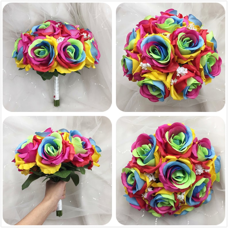 Silk Rainbow Roses artificial flowers Wedding Bouquet | Etsy