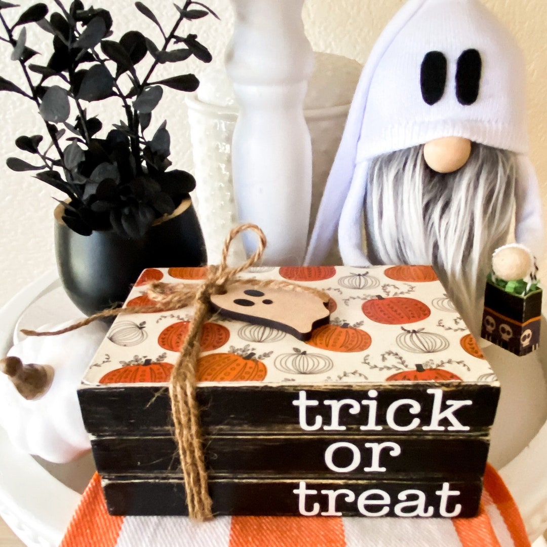 Trick or Treat Wooden Book Stack, Halloween Wooden Book Stack, Pumpkin ...