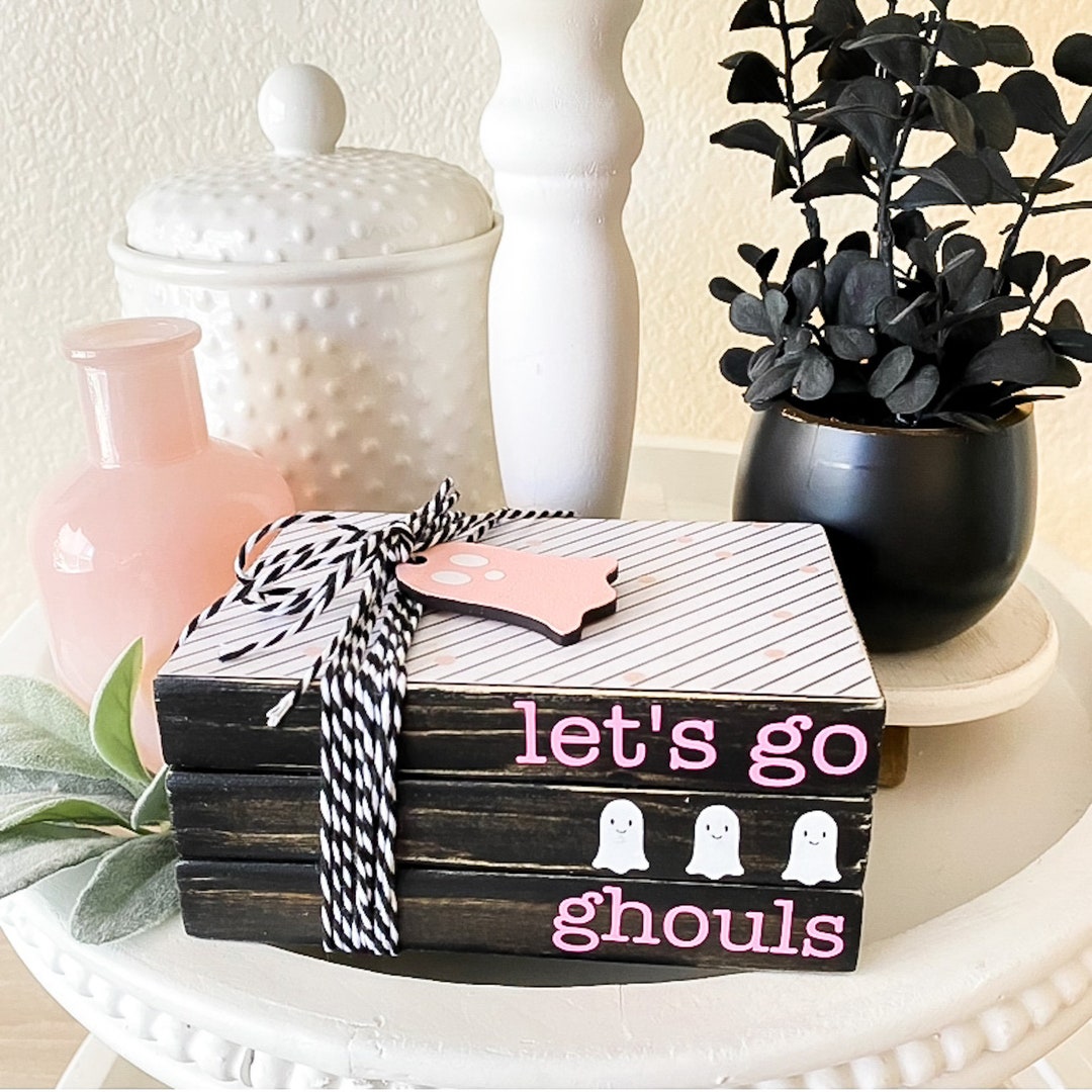 Let's Go Ghouls Wooden Book Stack, Pink and Black Halloween Book Stack ...