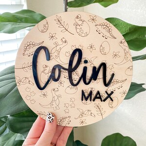 Personalized Kids Etched Dinosaur Name Sign, Kids Round Wood and ...