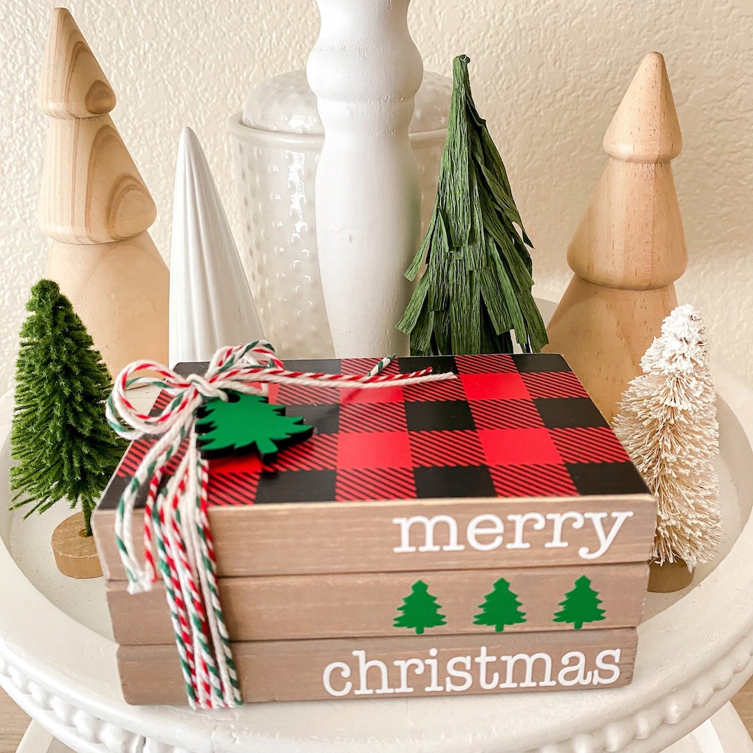 Merry Christmas Wooden Book Stacks, Traditional Christmas Book Stack ...