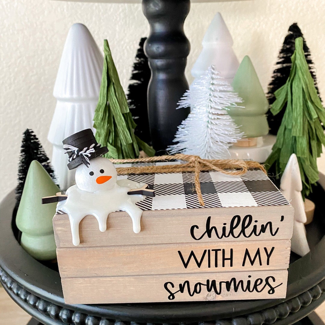 Chillin With My Snowmies Buffalo Plaid Wooden Book Stack, Melting ...