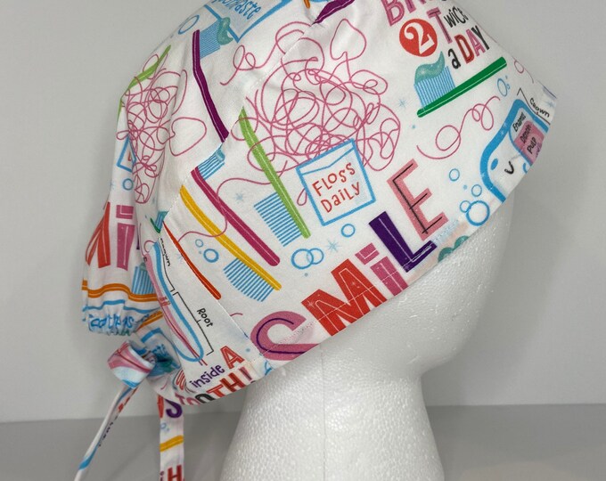 Dental Scrub Cap, 100% Cotton, Toothy Tooth Colorful Dental Print, With ...
