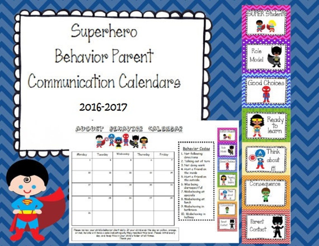 Superhero Parent Communication Calendar 2016-2017 - Etsy
