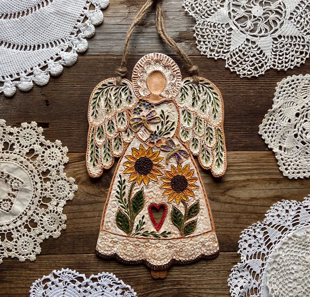 Sunflower Folk Art Angel With Dragonflies Sunflower Farmhouse Angel ...