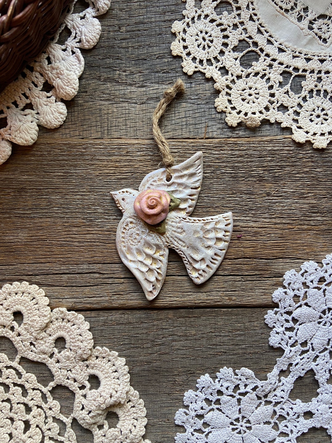 Flying Rose Dove Ornament Handmade Rose Gold Rose Dove Shabby Chic Rose ...
