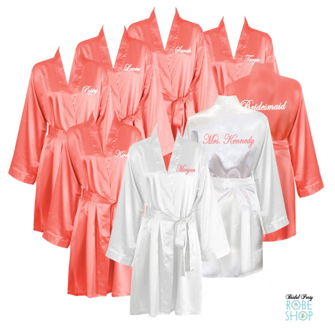 Set of 6 Knee Length Satin Robes With Name on Front and Title on Back ...