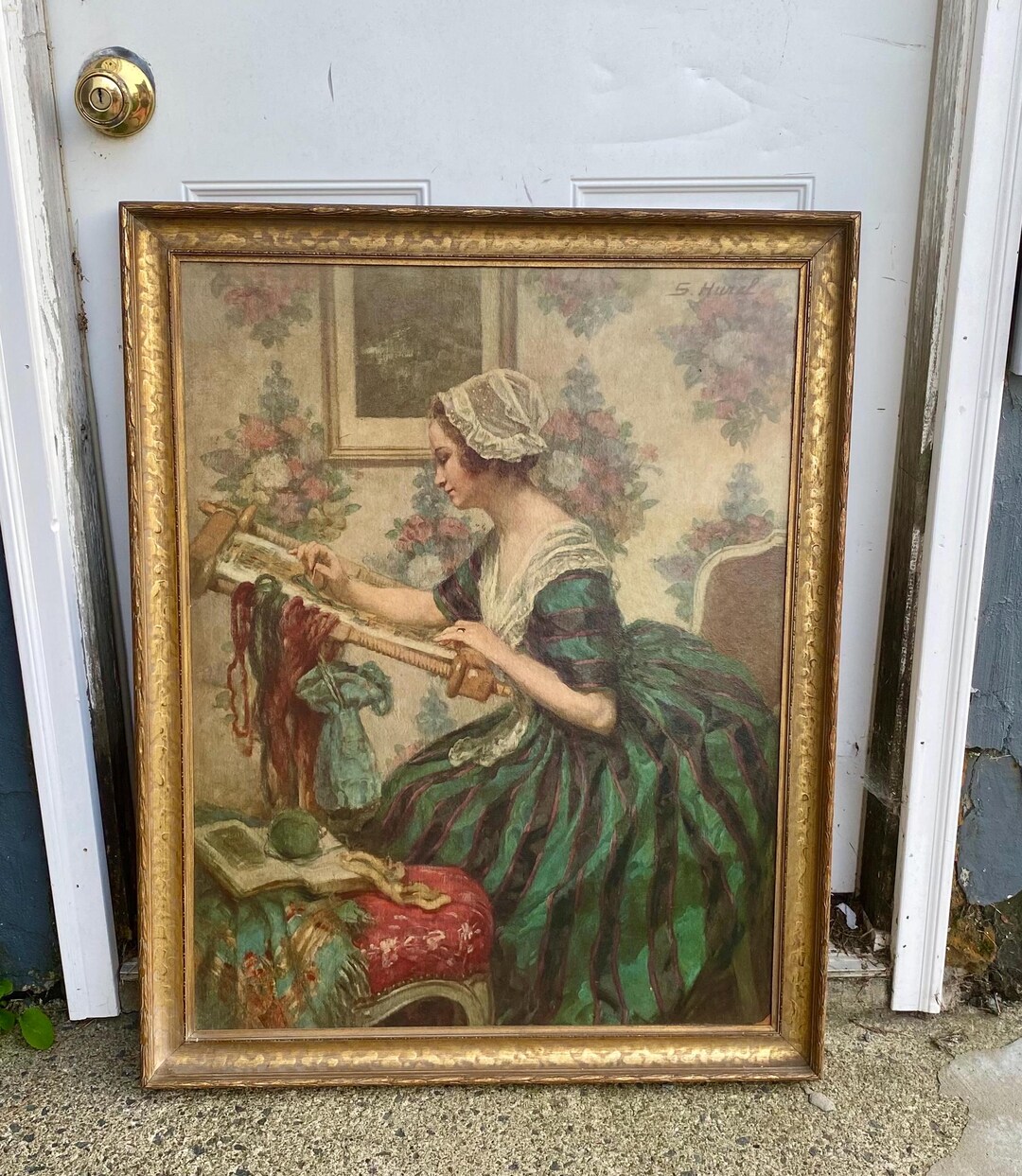 Large Antique Framed Lithograph the Hook Rug by Suzanne Hurel in Gold ...