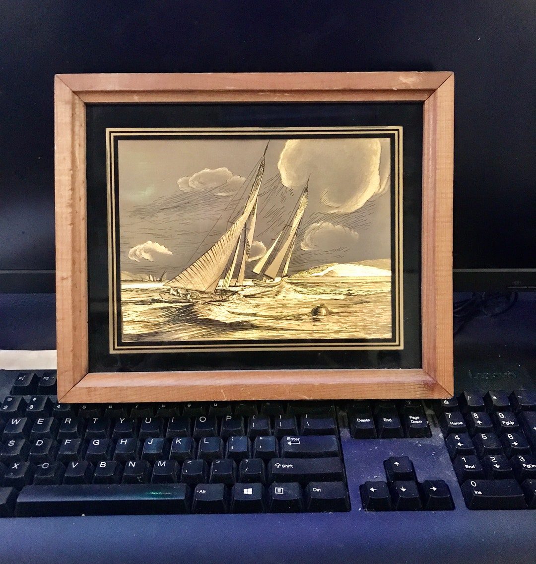 Vintage Foil Art Wooden Wood Framed Gold Sailboat Ship Nautical Wall ...