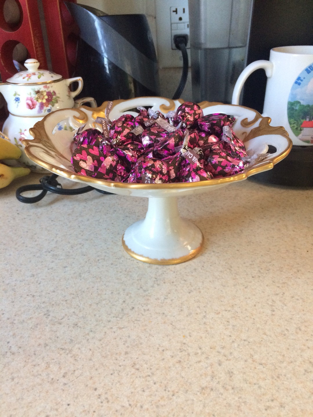 Small Ceramic Cake Stand, Vintage Hand Painted Antique White & Gold ...