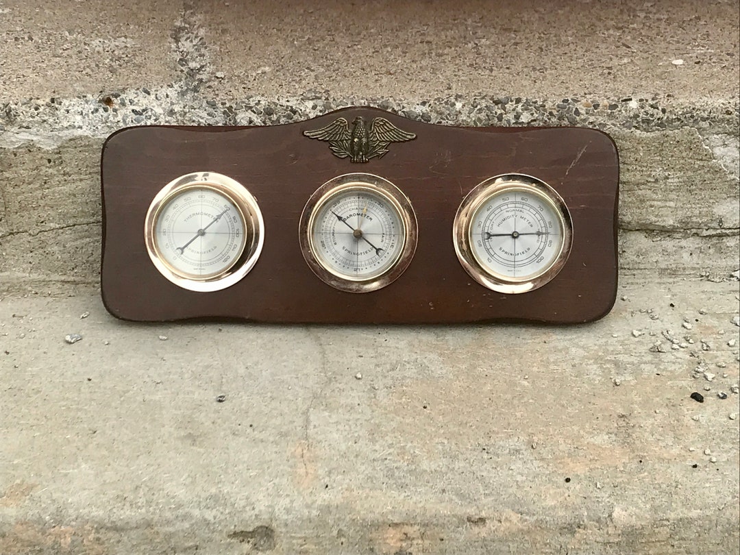 Vintage Wood Wooden Weather Station Monitoring Instrument Thermostat Barometer Hygrometer Gauges ...