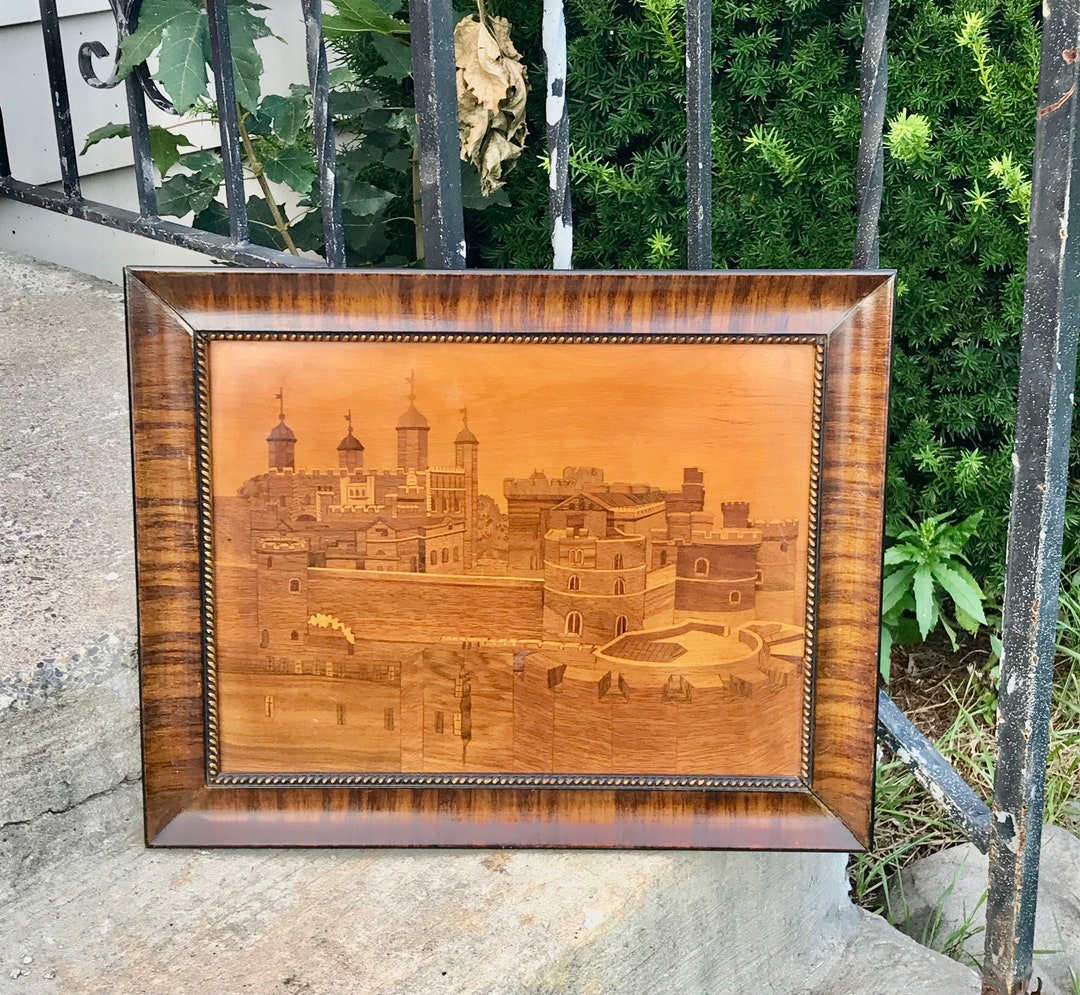 Vintage Framed Wood Inlay Marquetry Picture of Castle Landscape Scene ...