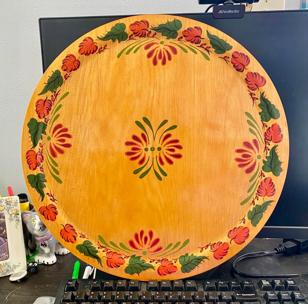 Vintage Wood Wooden Round Folk Art Plate Wall Hanging Mid Century Home ...