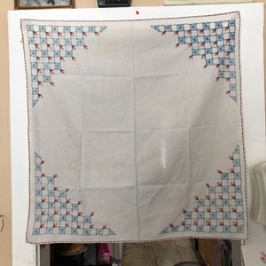 Vintage Handmade Embroidered Table Cloth Square Red White & Blue ...