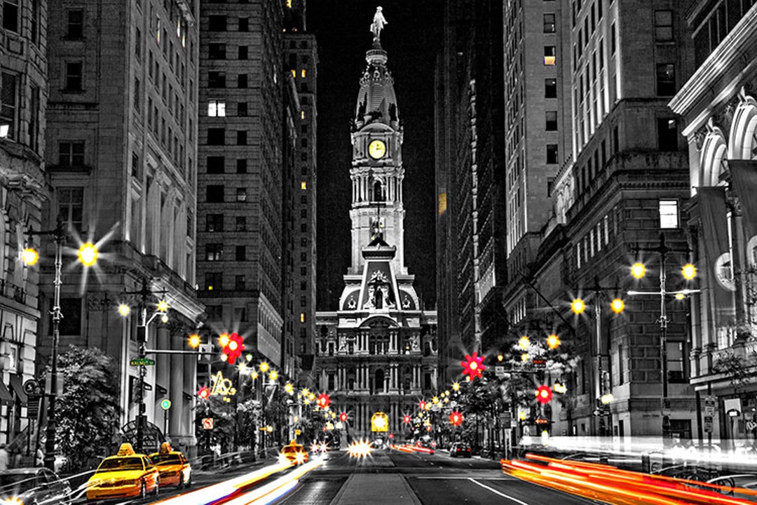 Philadelphia City Hall at Night With Color Cabs B&W Canvas Art (12x14 ...