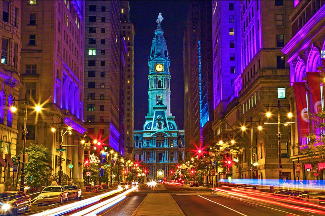 Philadelphia City Hall at Night Canvas Art (20x27) Black and White or ...