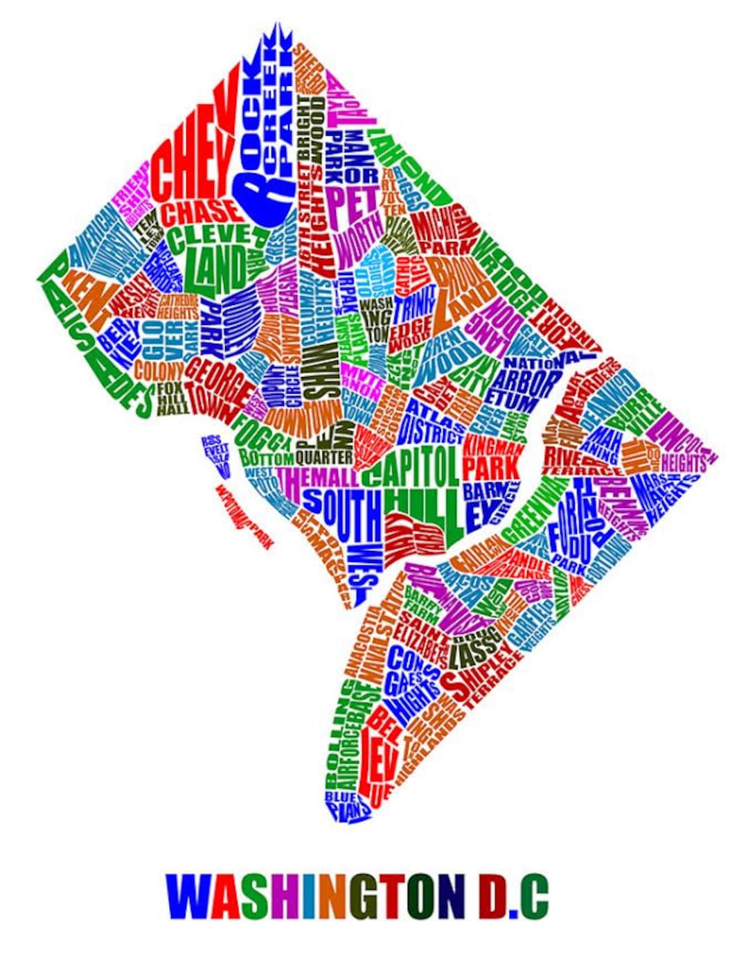 Typography of Washington D.C. Neighborhoods Giclee Print on Canvas ...