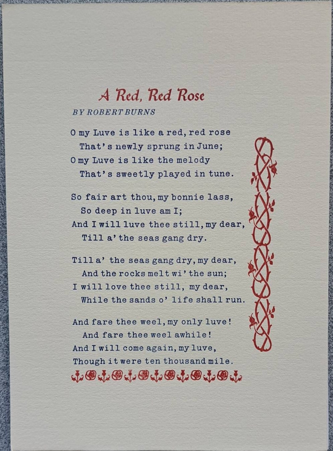 Robert Burns, A Red, Red Rose Poem X 1 + A Emily Bronte Poem - Etsy