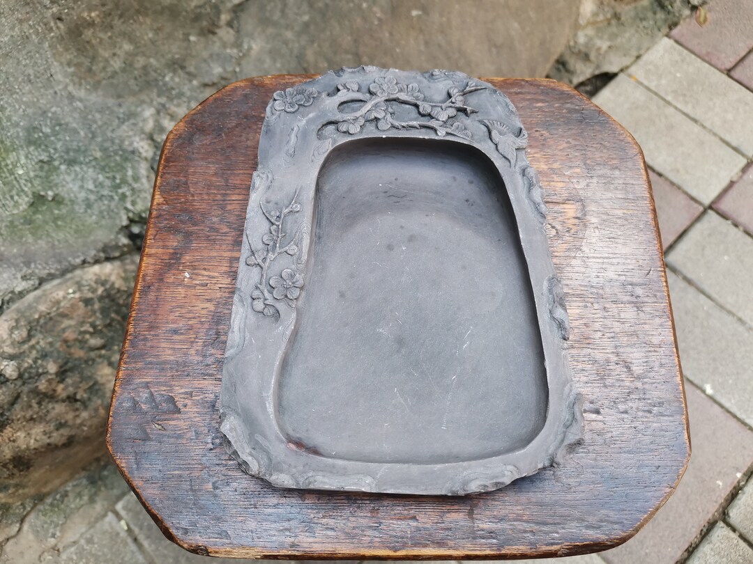 Vintage Chinese Hand Carved Calligraphy Ink Stone Cherry Blossom Tree ...