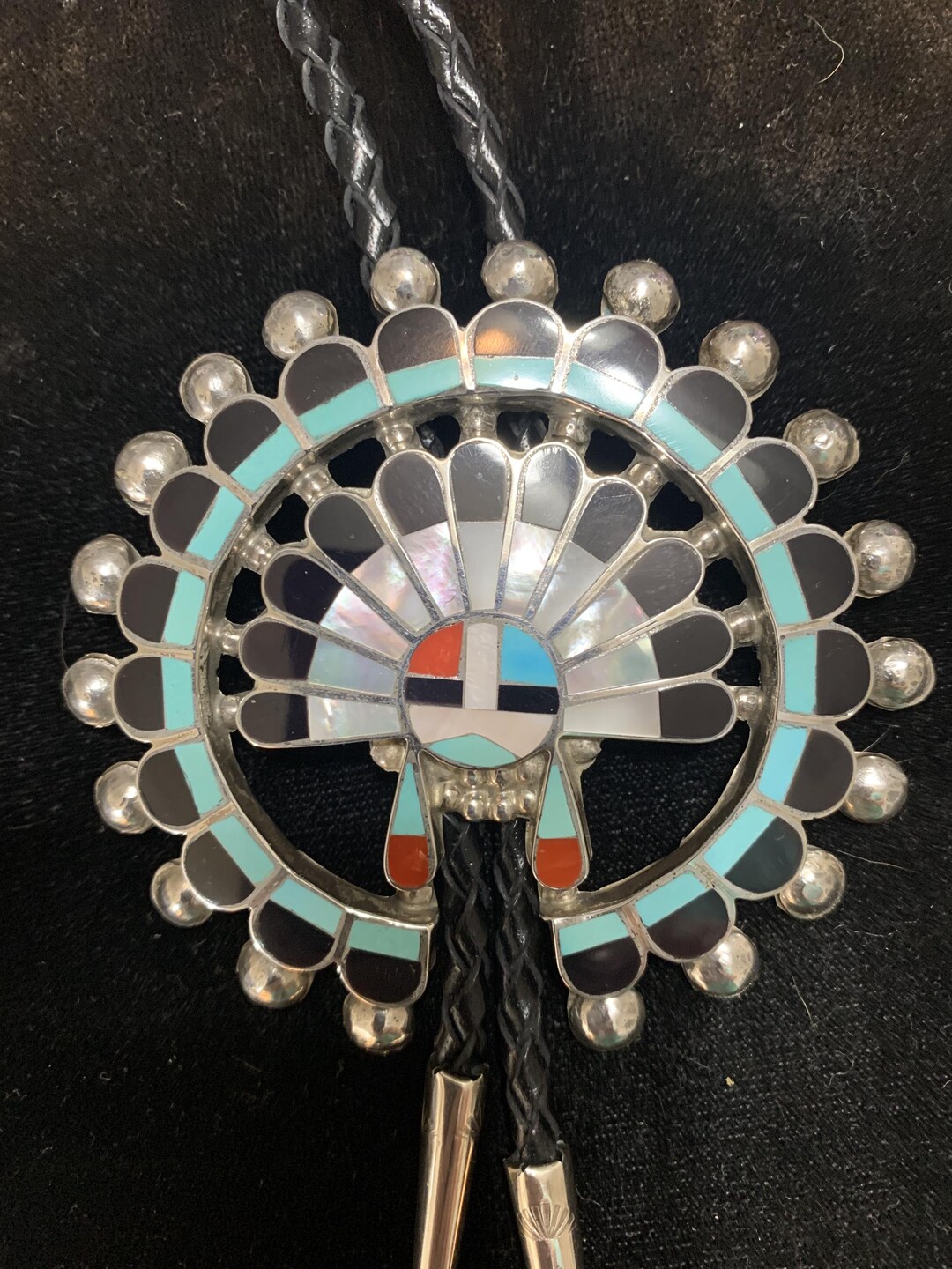 Vintage Zuni Sunface Bolo Tie, Sterling Silver Inlay, Delger Cellicion ...