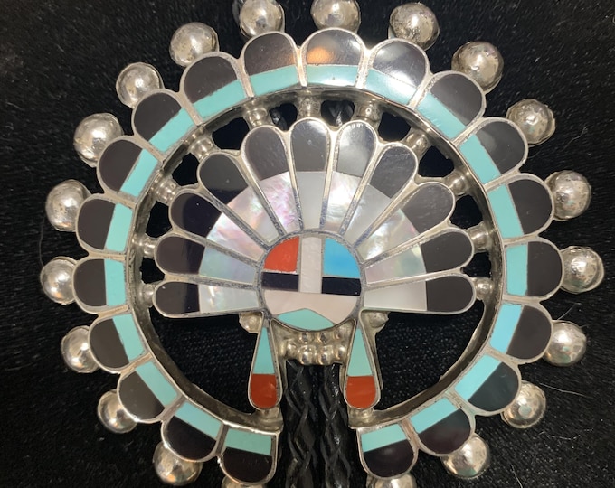 Vintage Zuni Sunface Bolo Tie, Sterling Silver Inlay, Delger Cellicion ...
