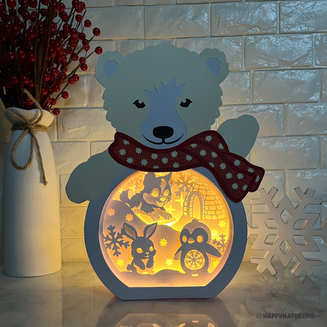 Christmas Polar Bear Shadow Box Svg, Christmas Light Box Svg, Light Box ...