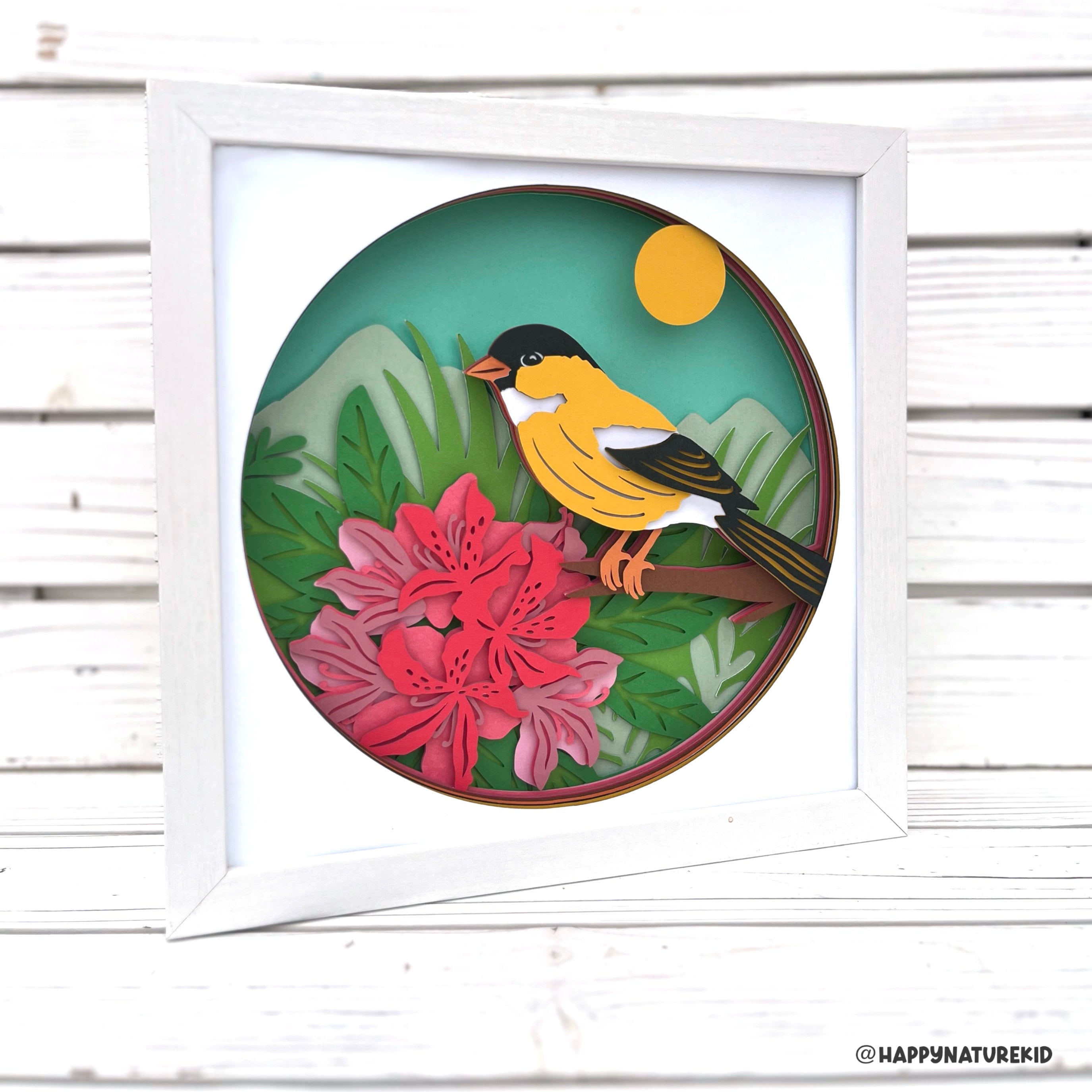 Goldfinch Bird Shadow Box Svg, Bird and Flower Shadow Box Template ...