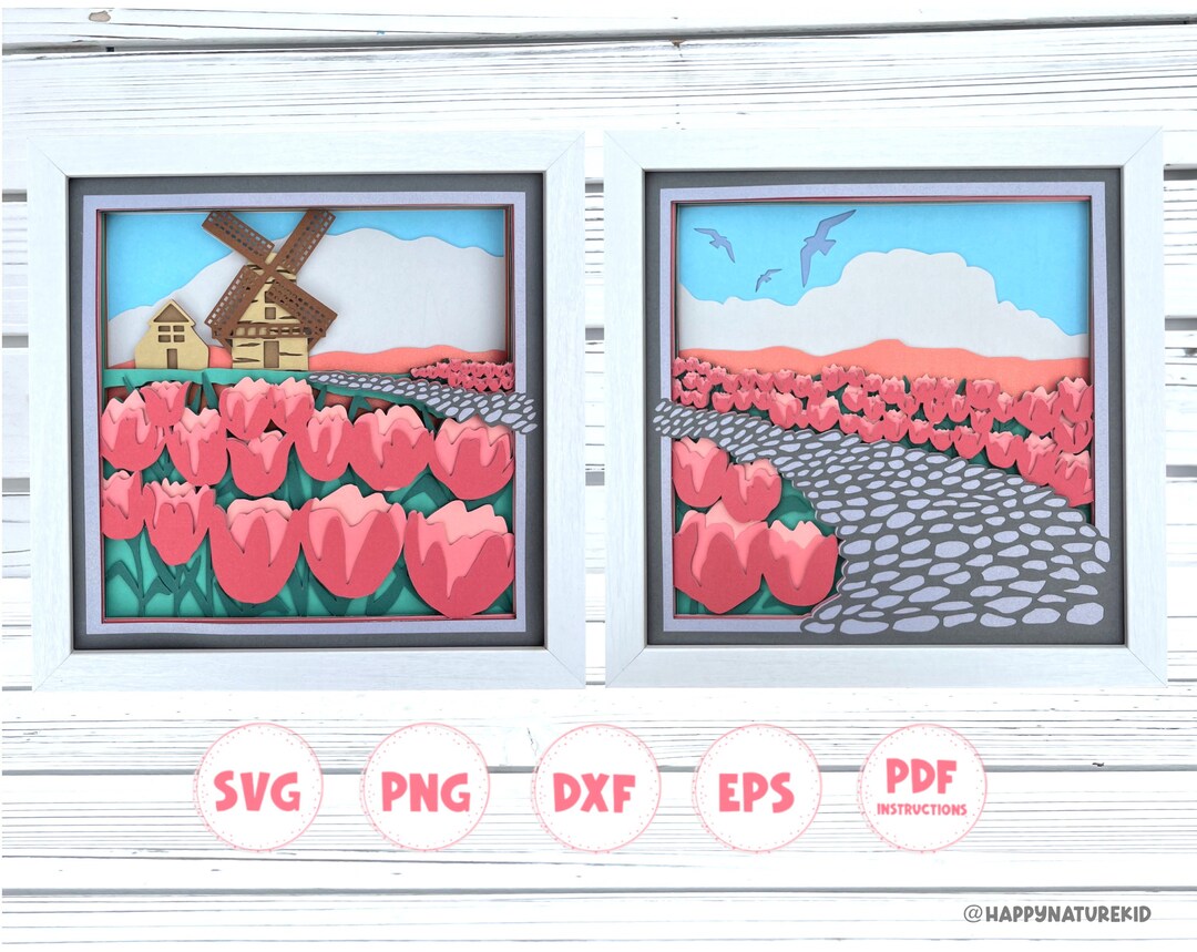 3d Windmill and Tulips Shadow Box Svg, 3d Flower Shadow Box Svg, Diy ...