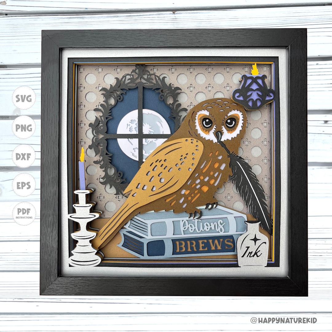 3d Owl Potion Books Shadow Box Svg, 3d Mystical Svg, Magic Svg, 3d ...