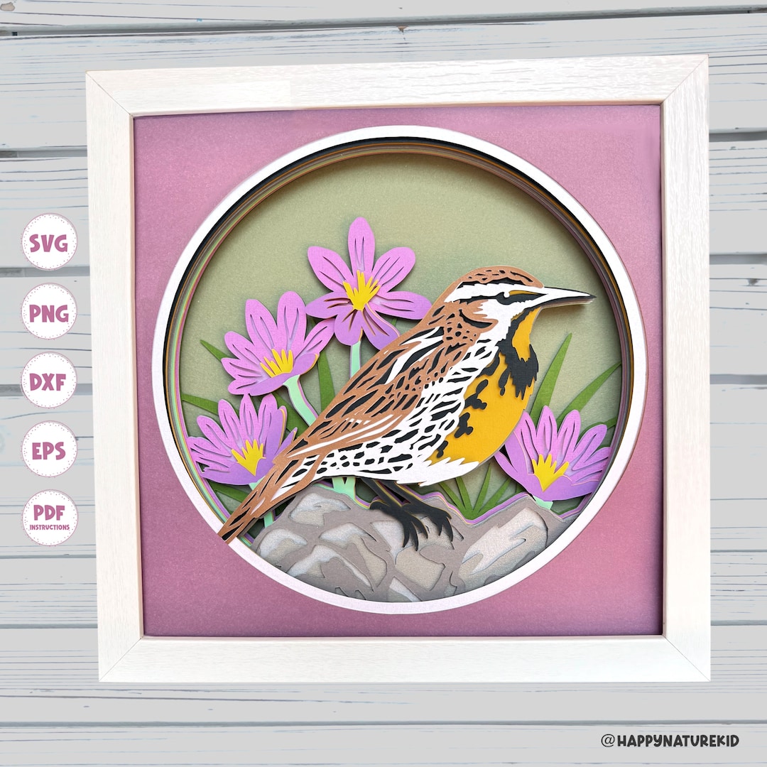 Meadowlark With Bitterroot Shadow Box Svg, Montana State Bird Svg ...