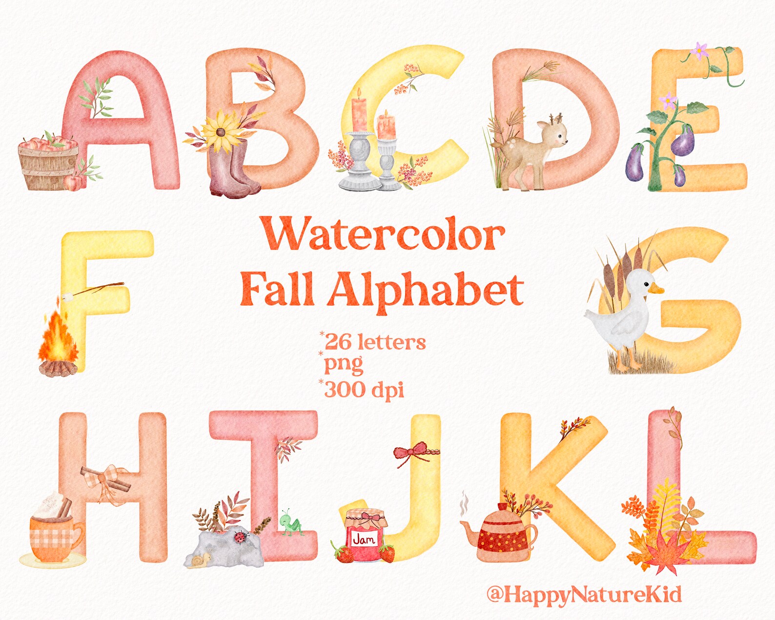 Alphabet Clipart Fall Clipart Watercolor Png Alphabet Flash - Etsy