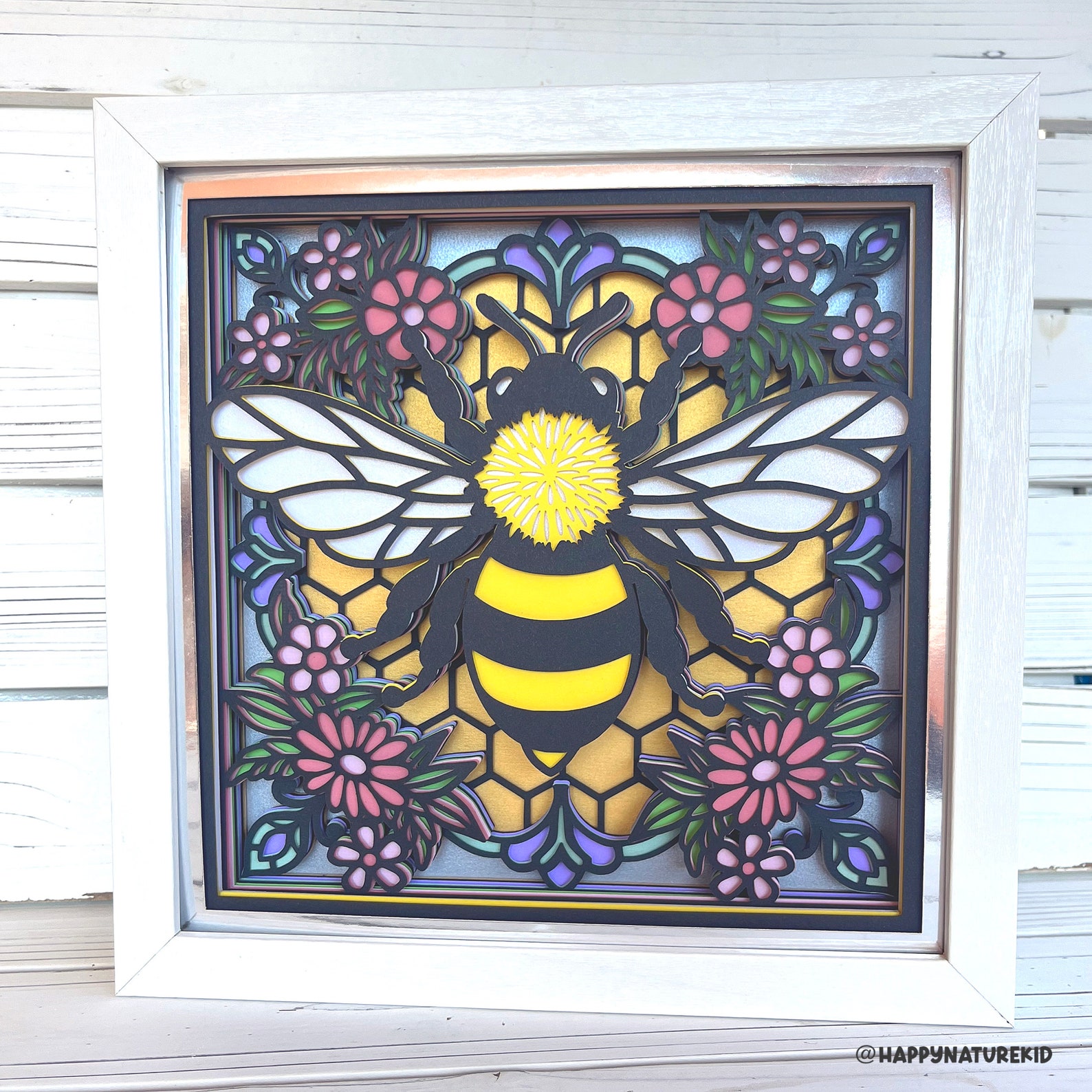 Bee Stained Glass Shadow Box Svg, Bee Shadow Box Svg, Flower Shadow Box ...