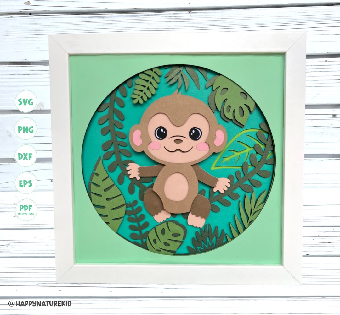 3d Monkey in Jungle Shadow Box Svg, Safari Animal Svg, 3d Monkey Svg ...