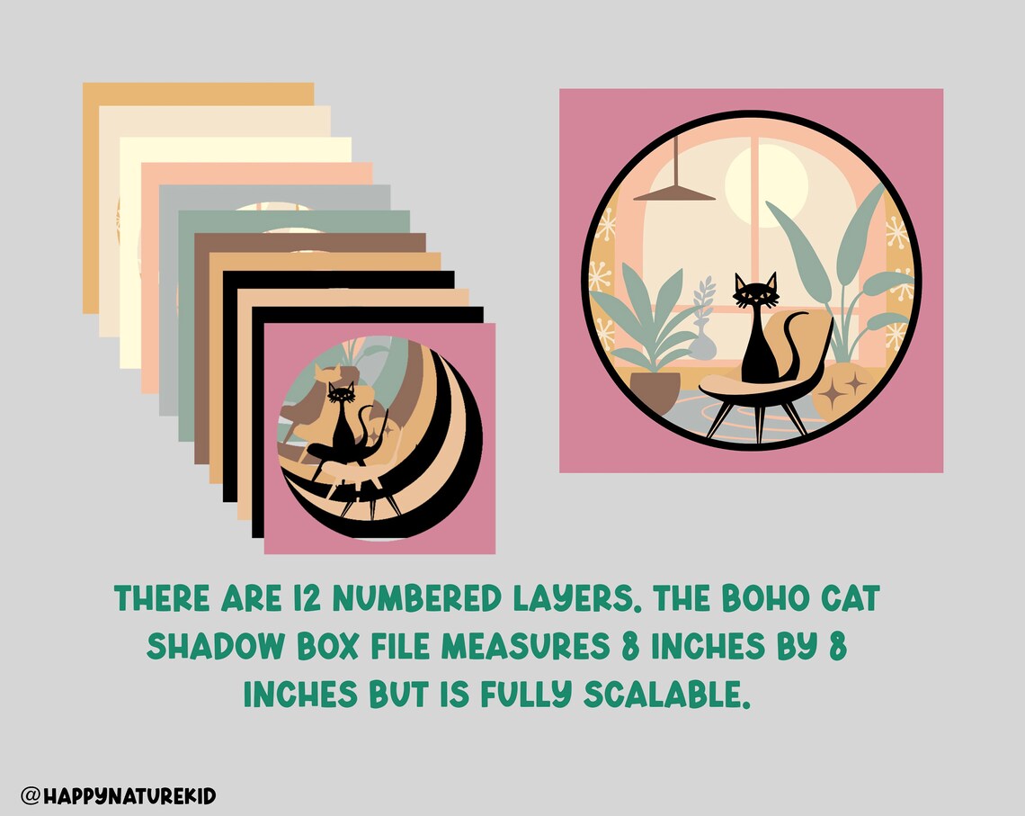 Boho Cat Shadow Box Svg, Mid-century Modern Cat Svg, Retro Shadow Box ...