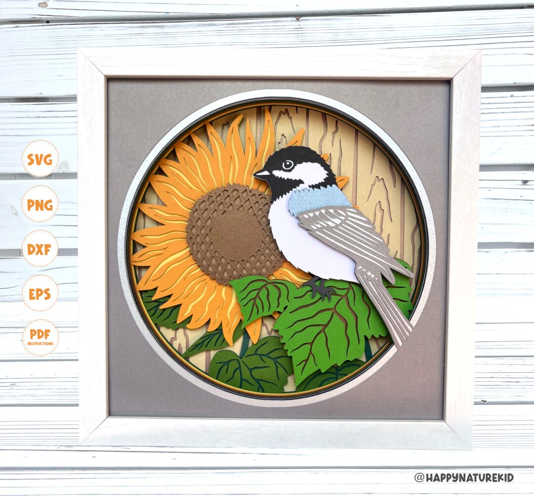 3d Chickadee on a Sunflower Shadow Box Svg, 3d Sunflower Svg, Chickadee ...