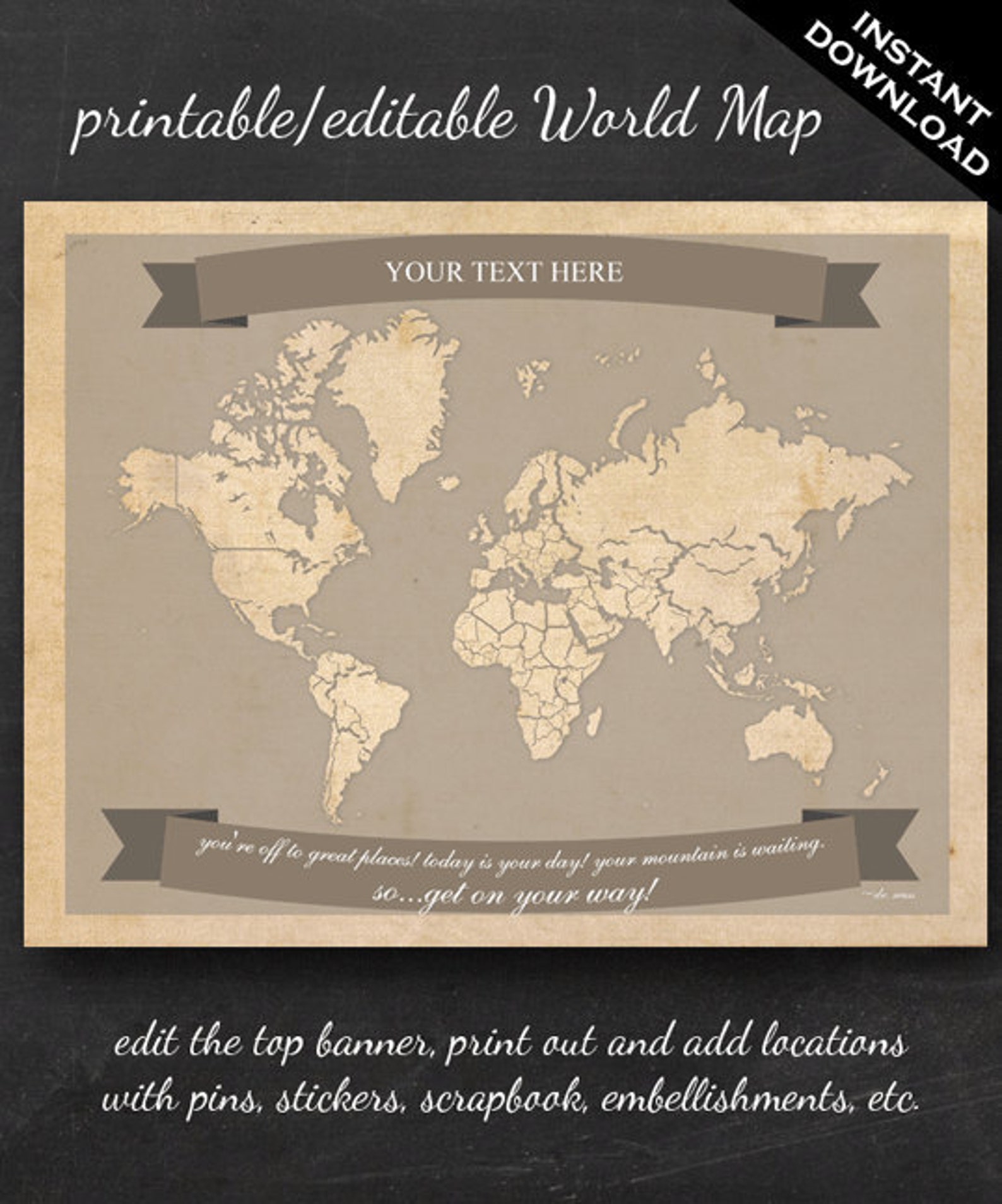 World Travel Map - Printable Editable World Travel Map Instant Download ...