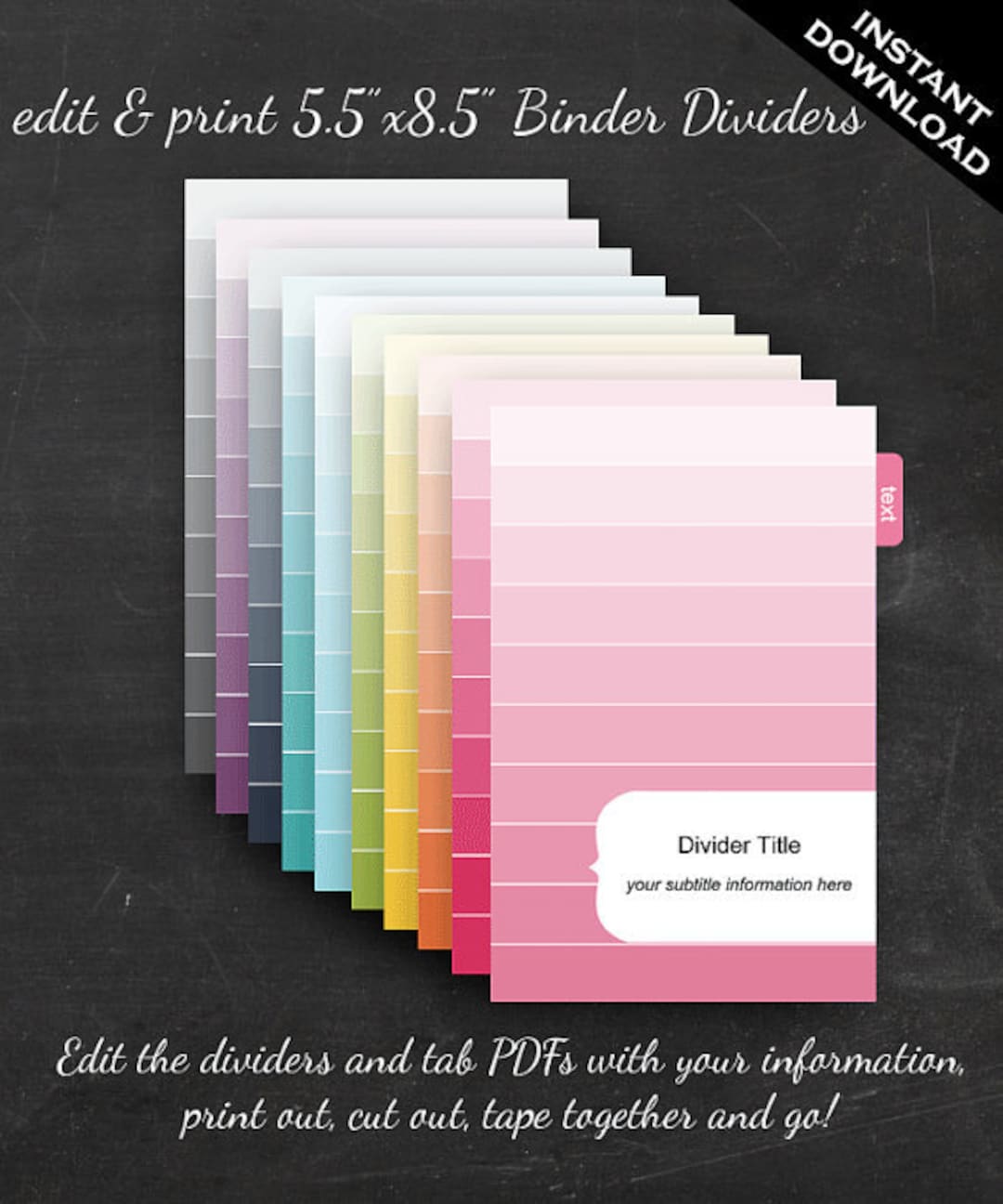 Mini Binder Dividers - Printable Editable Rainbow Ombre Theme Half Page ...