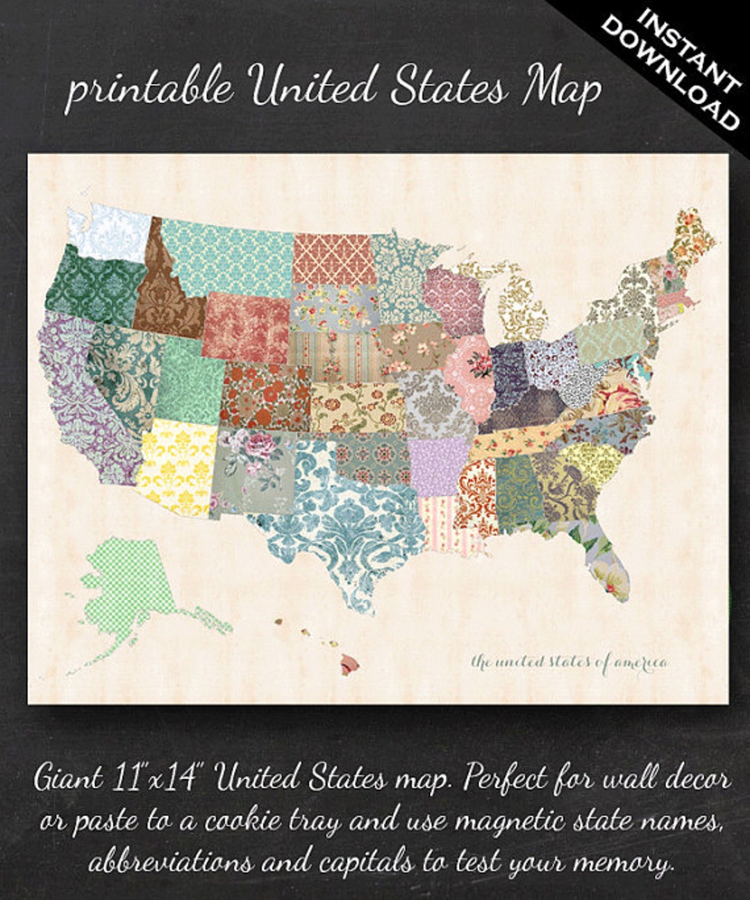 Printable United States Map - 11" X 14" Shabby Chic PDF - Nursery Decor ...