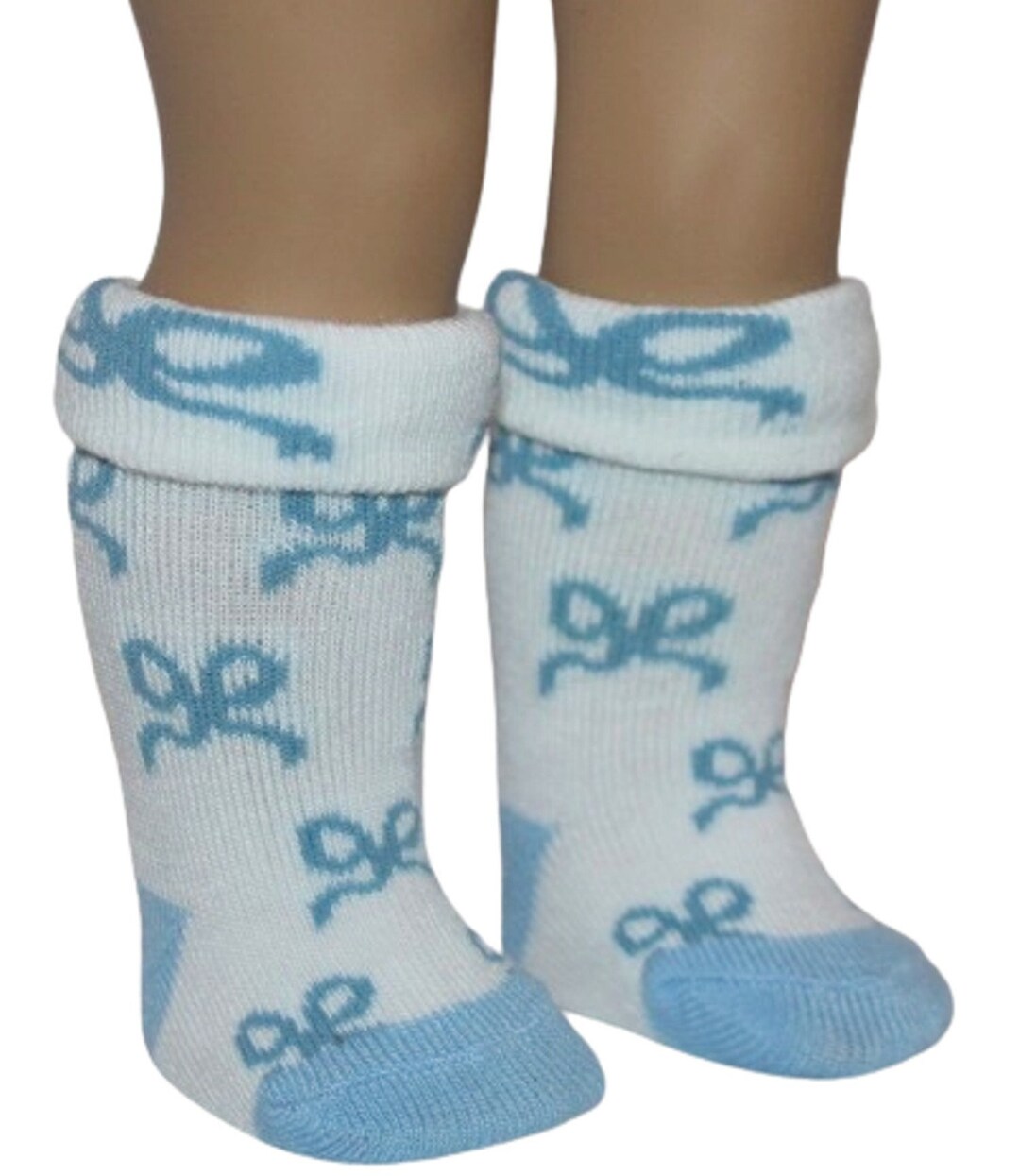 White W/ Blue Ribbon Bows Knee High Socks Fit 18 American Girl & Bitty ...