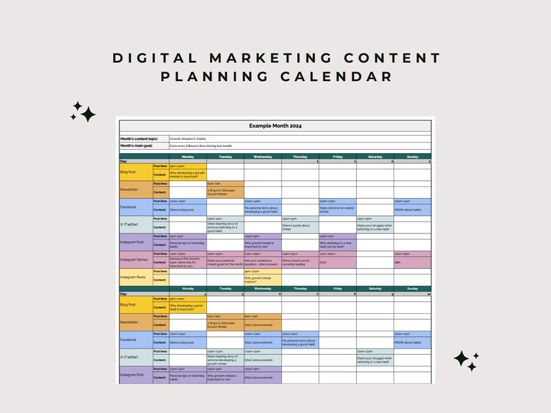 Digital Marketing Calendar 2024 Social Media Planner Content Plan Excel ...