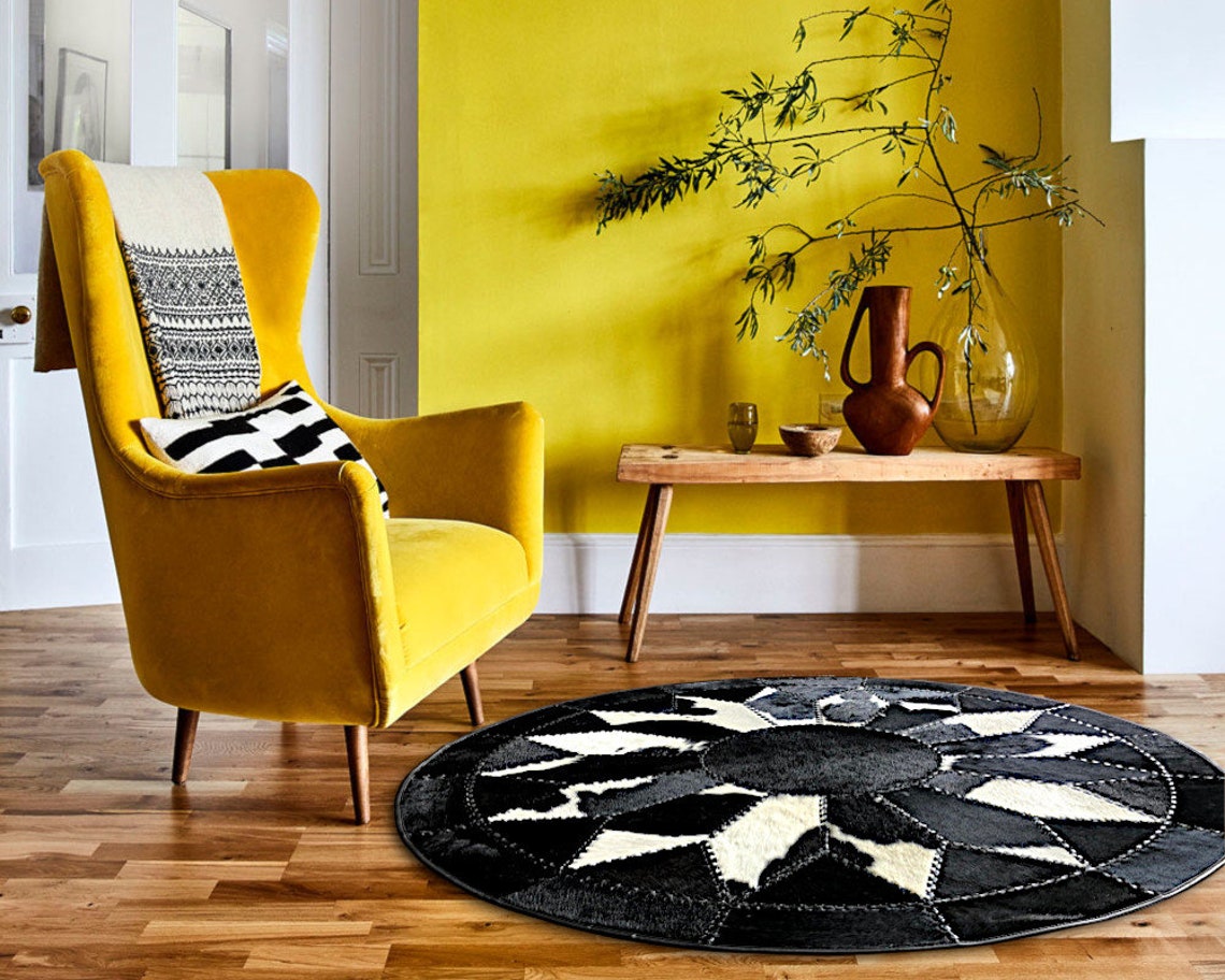 Round Rug Cowhide Patchwork Ø 130 Cm - Etsy