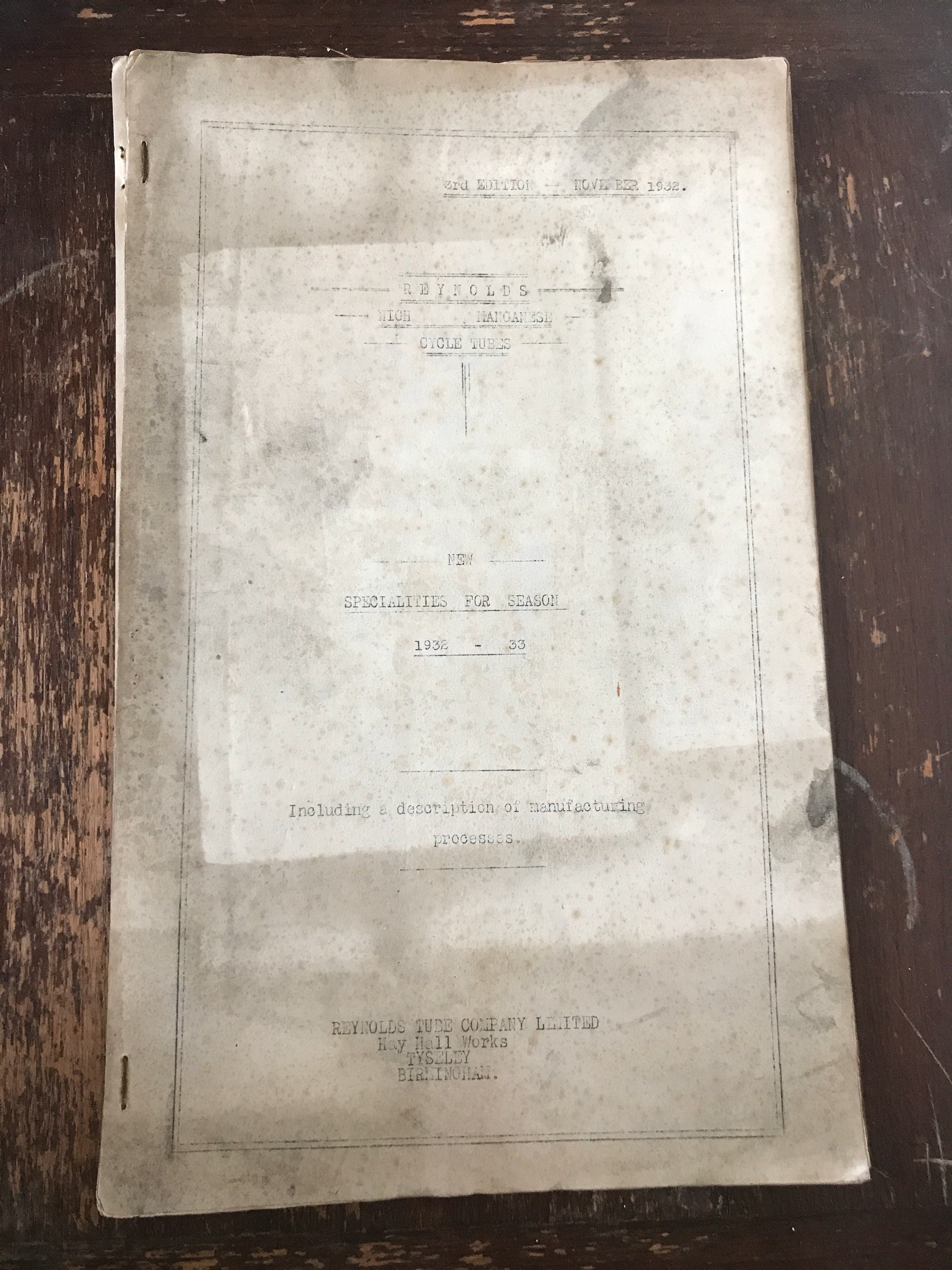 1932 Reynolds Cycle Tubes Typed Advertising Booklet With Details of ...