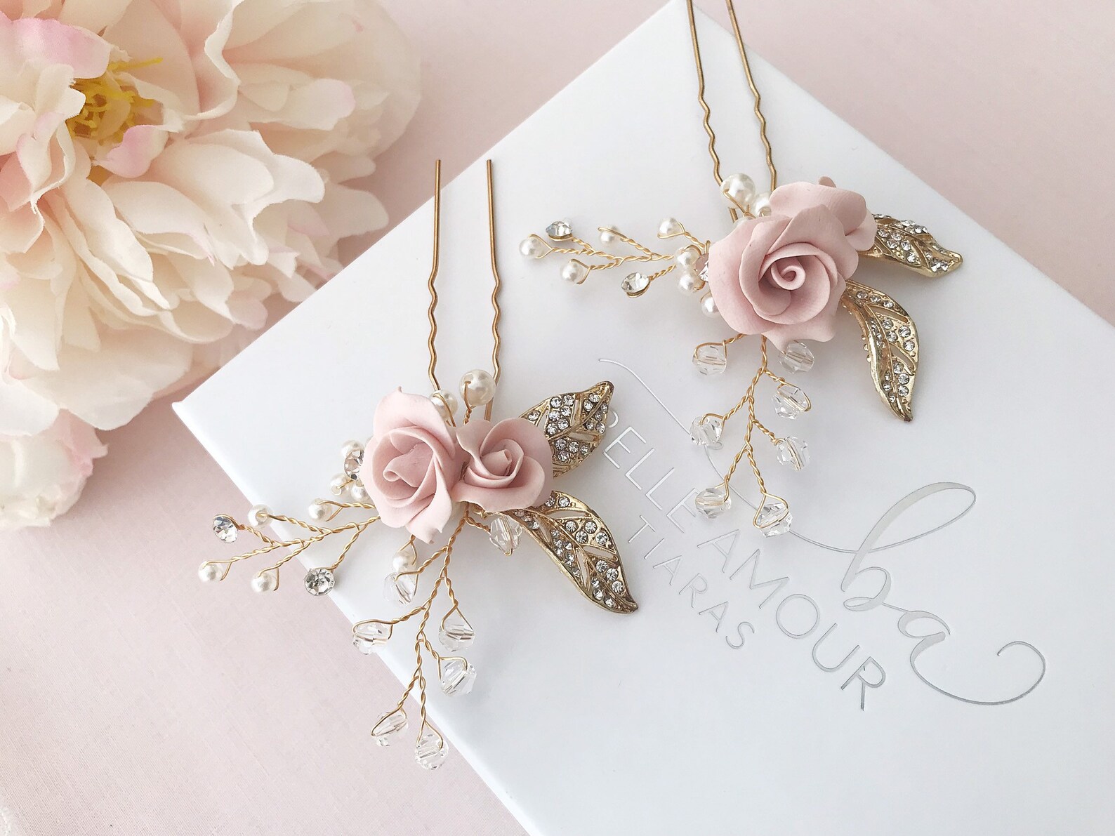 2 Blush Pink Hair Pins Rose Hair Pins Gold Bridal Pins | Etsy