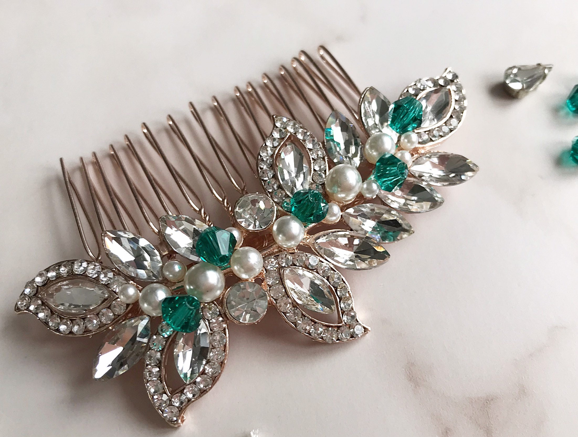 Rose gold hair comb Emerald hair comb Hair comb for bride | Etsy